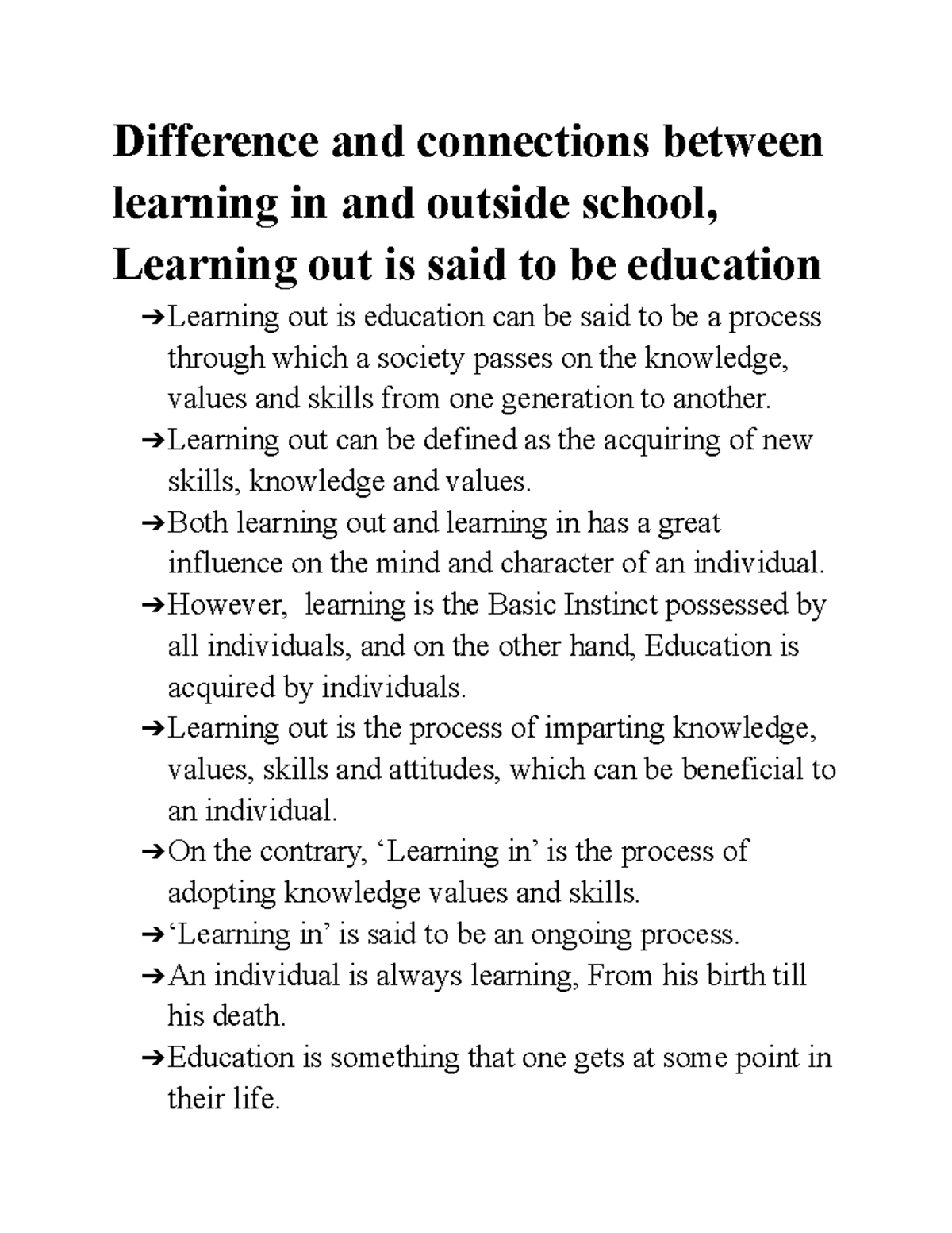 Difference and Connections Between Learning In and Out of School - Studocu