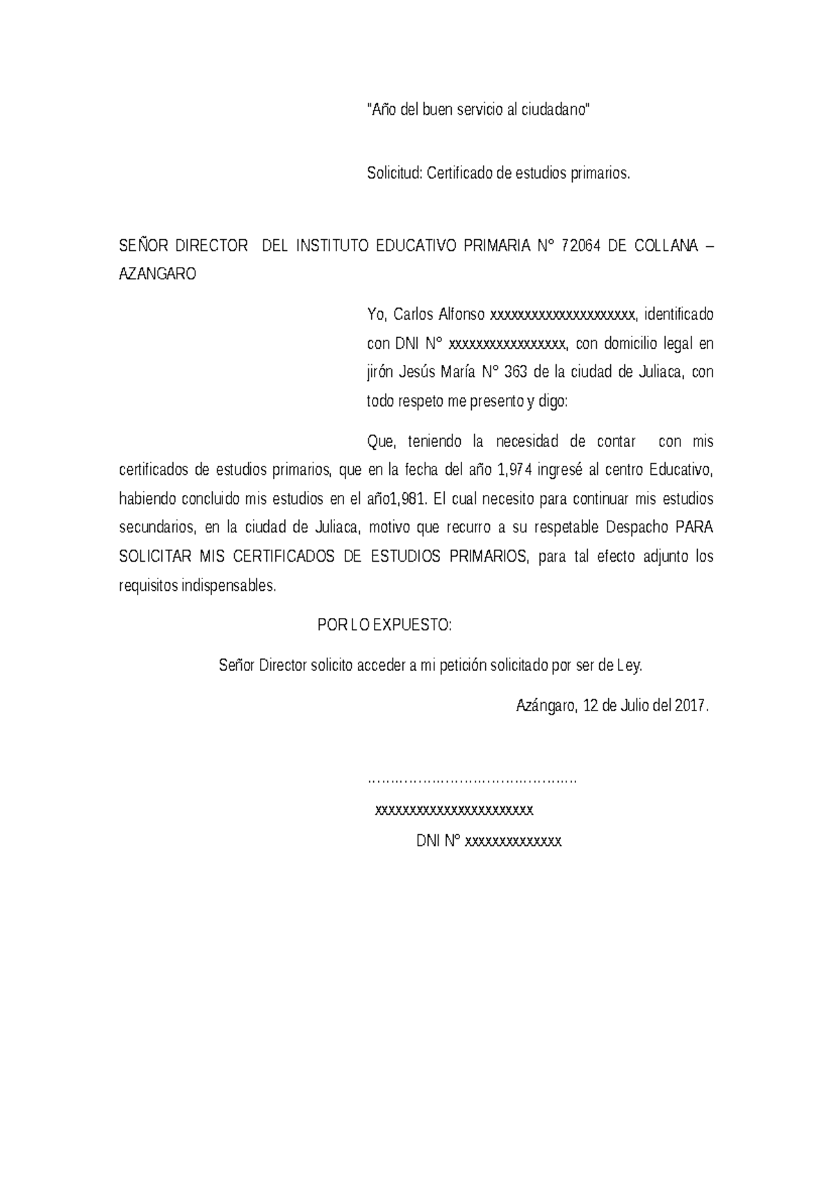 Solicitud de Certificado de Estudios Primarios - DNI 2017 - Studocu