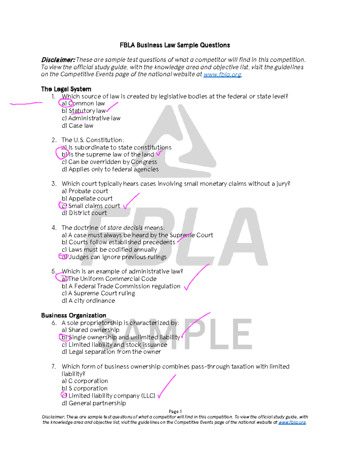 FBLA Business Law Sample Test Questions for Competitors - Studocu