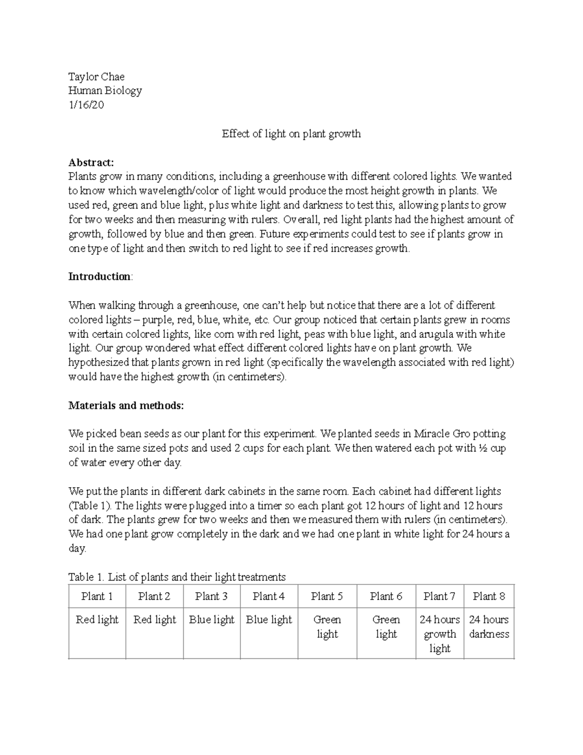 Lab 1 Example lab report HB - Taylor Chae Human Biology 1/16/ Effect of ...