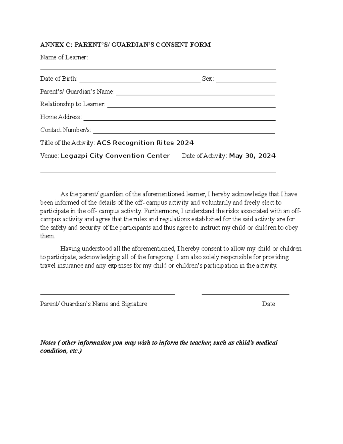 Parents- Permit - ANNEX C: PARENT’S/ GUARDIAN’S CONSENT FORM Name of ...