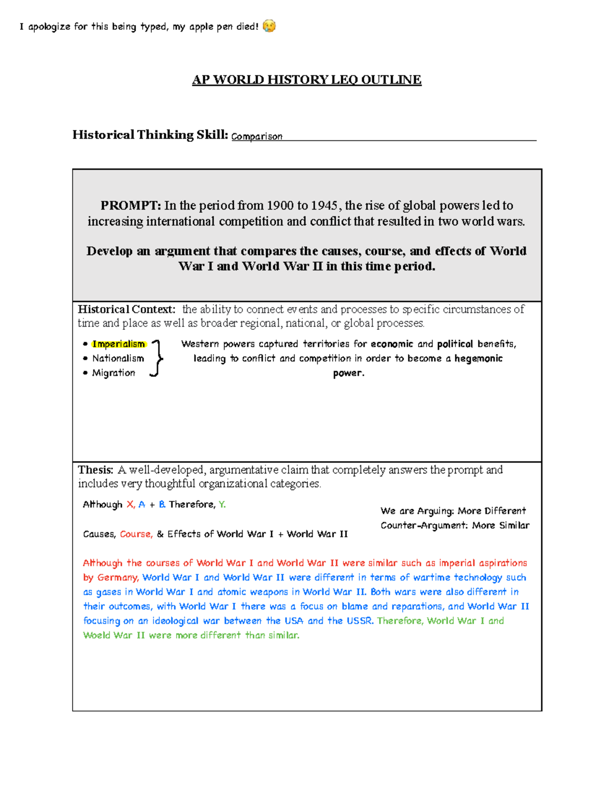 AP WORLD HISTORY LEQ OUTLINE: Comparing WWI & WWII Causes, Course ...