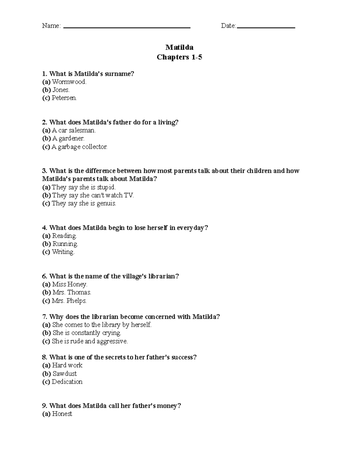 Matilda Chapter 1-5 Quiz Questions for Study and Review - Studocu
