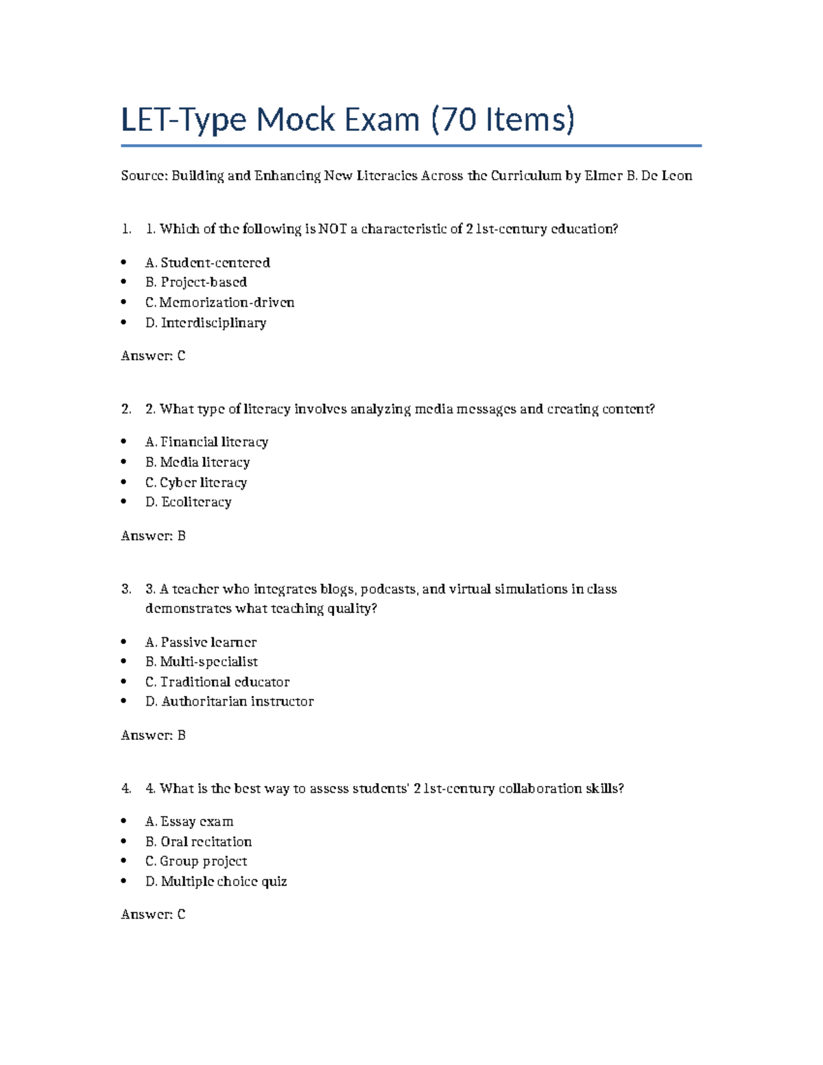 LET Mock Exam: 70 Items on New Literacies by Elmer B. De Leon - Studocu