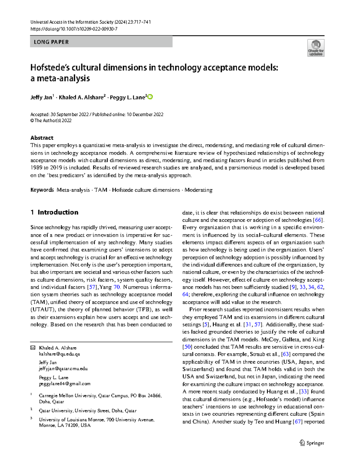 Cultural Dimensions in Technology Acceptance Models: A Study (S10209 ...