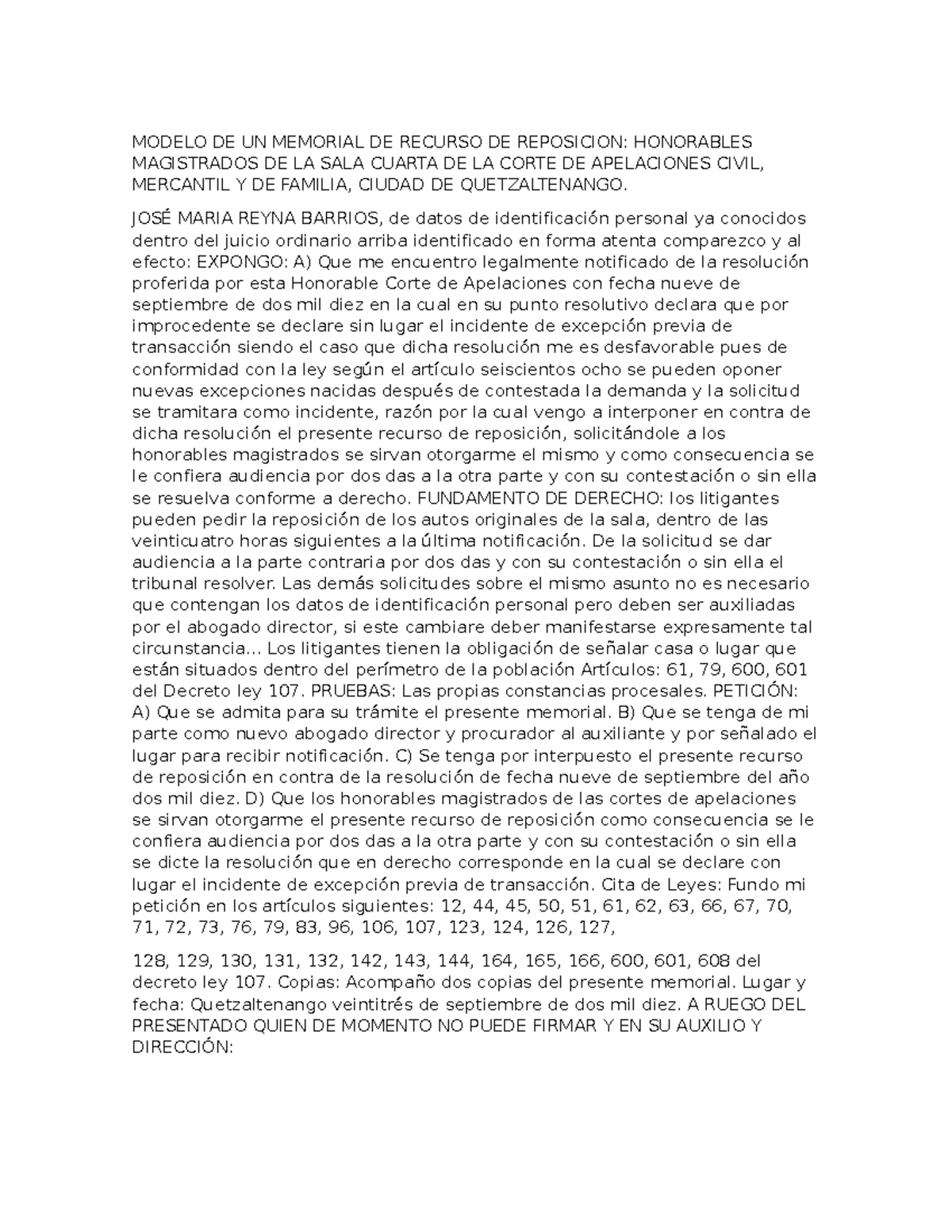 Modelo de Memorial de Recurso de Reposición - Corte Civil 2023 - Studocu