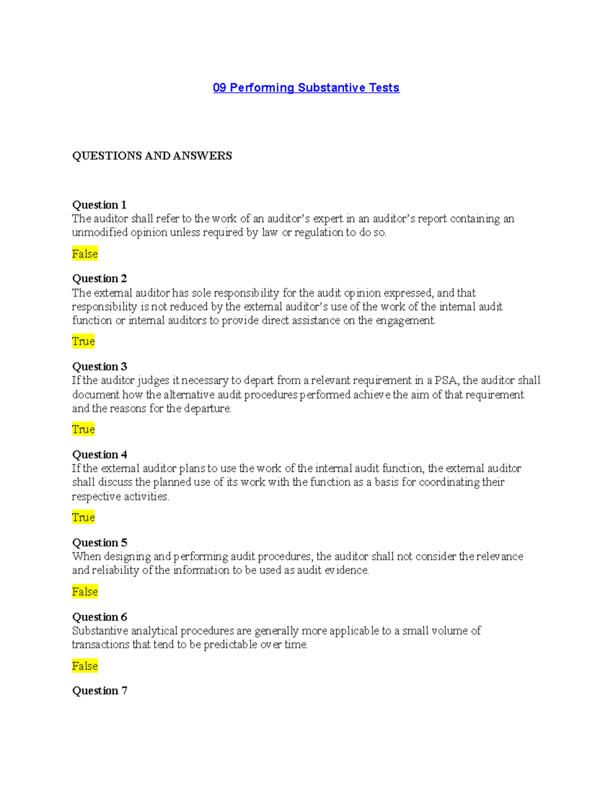 09 Quiz 1 - Substantive Tests Practice Questions and Answers - Studocu
