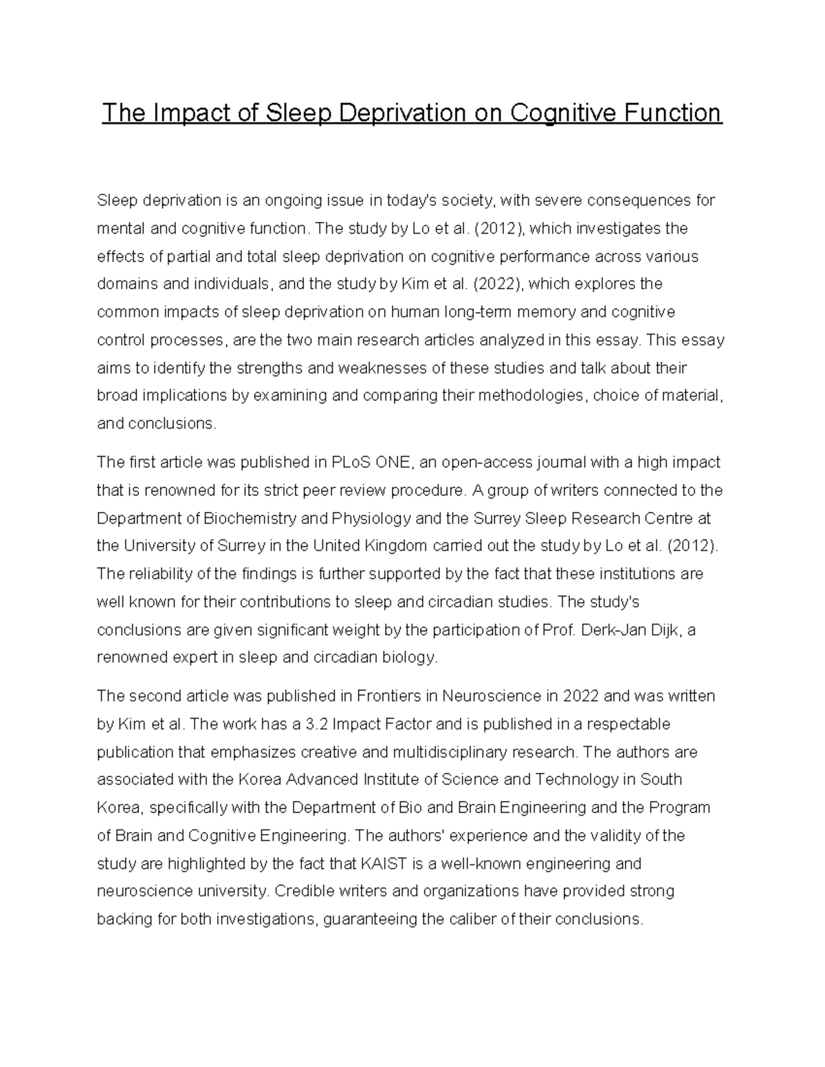 AP Essay: Analyzing Sleep Deprivation's Impact on Cognitive Function ...