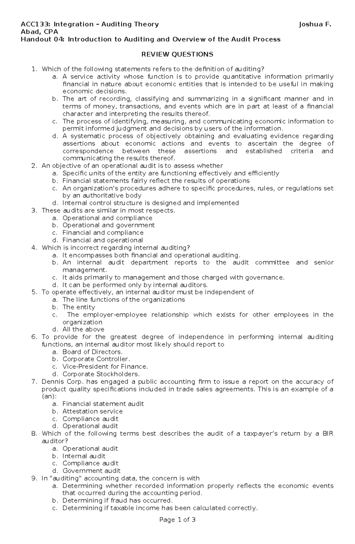 ACC133: Introduction to Auditing - Overview of the Audit Process - Studocu