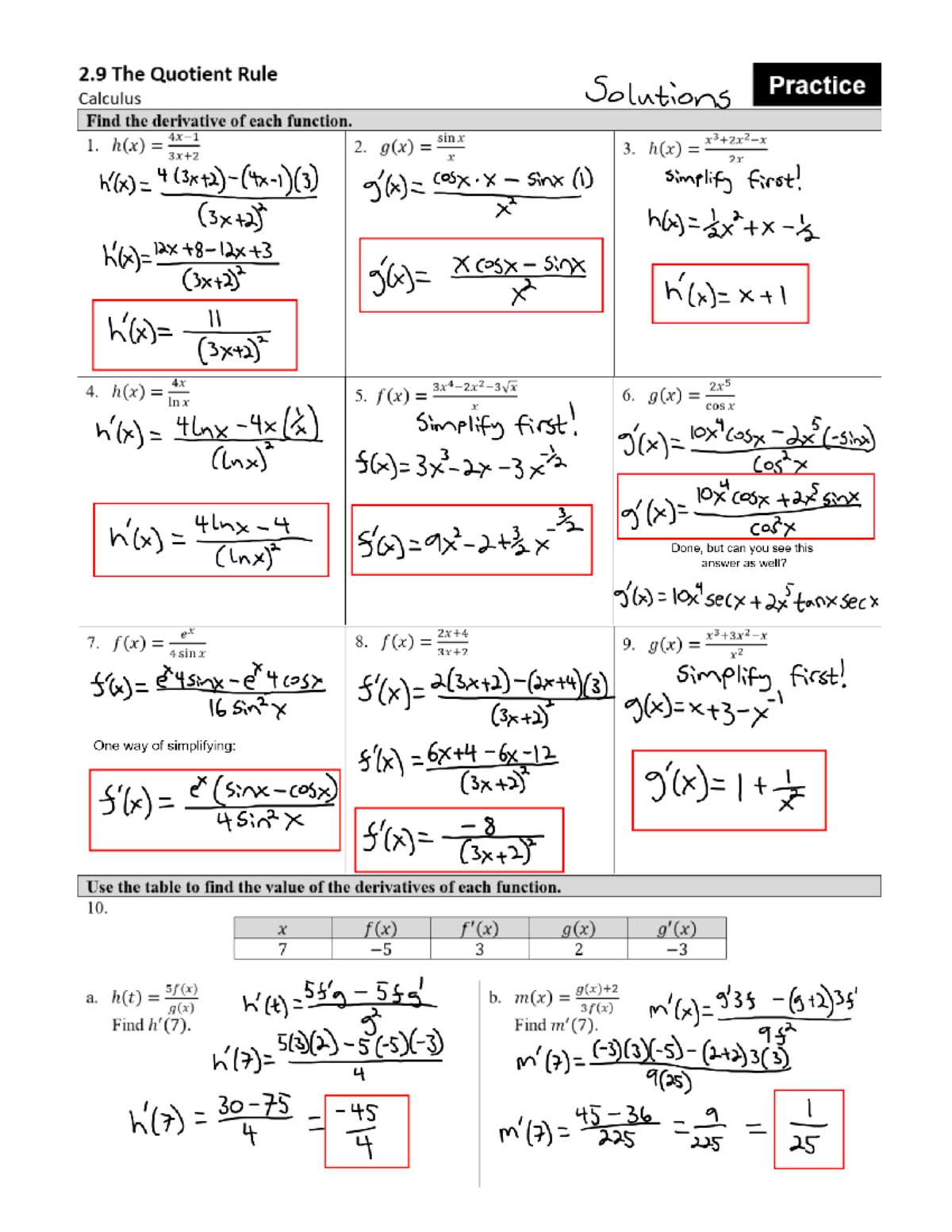 Unit 2.9 Homework on the Quotient Rule in Calculus - Studocu