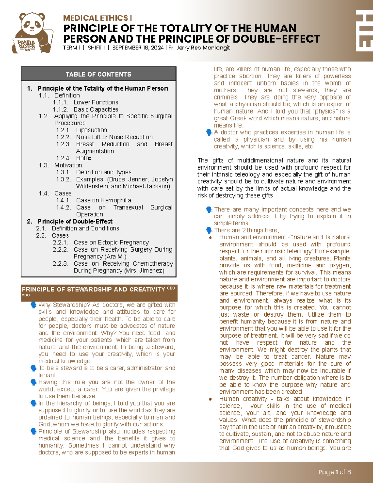 MEDICAL ETHICS I: PRINCIPLES OF TOTALITY & STEWARDSHIP - TERM 1 - Studocu
