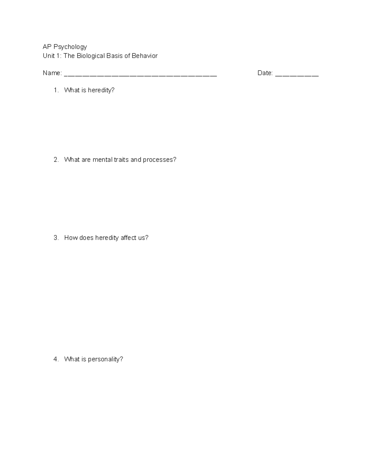 AP Psychology Unit 1 Guided Notes: Biological Basis of Behavior - Studocu