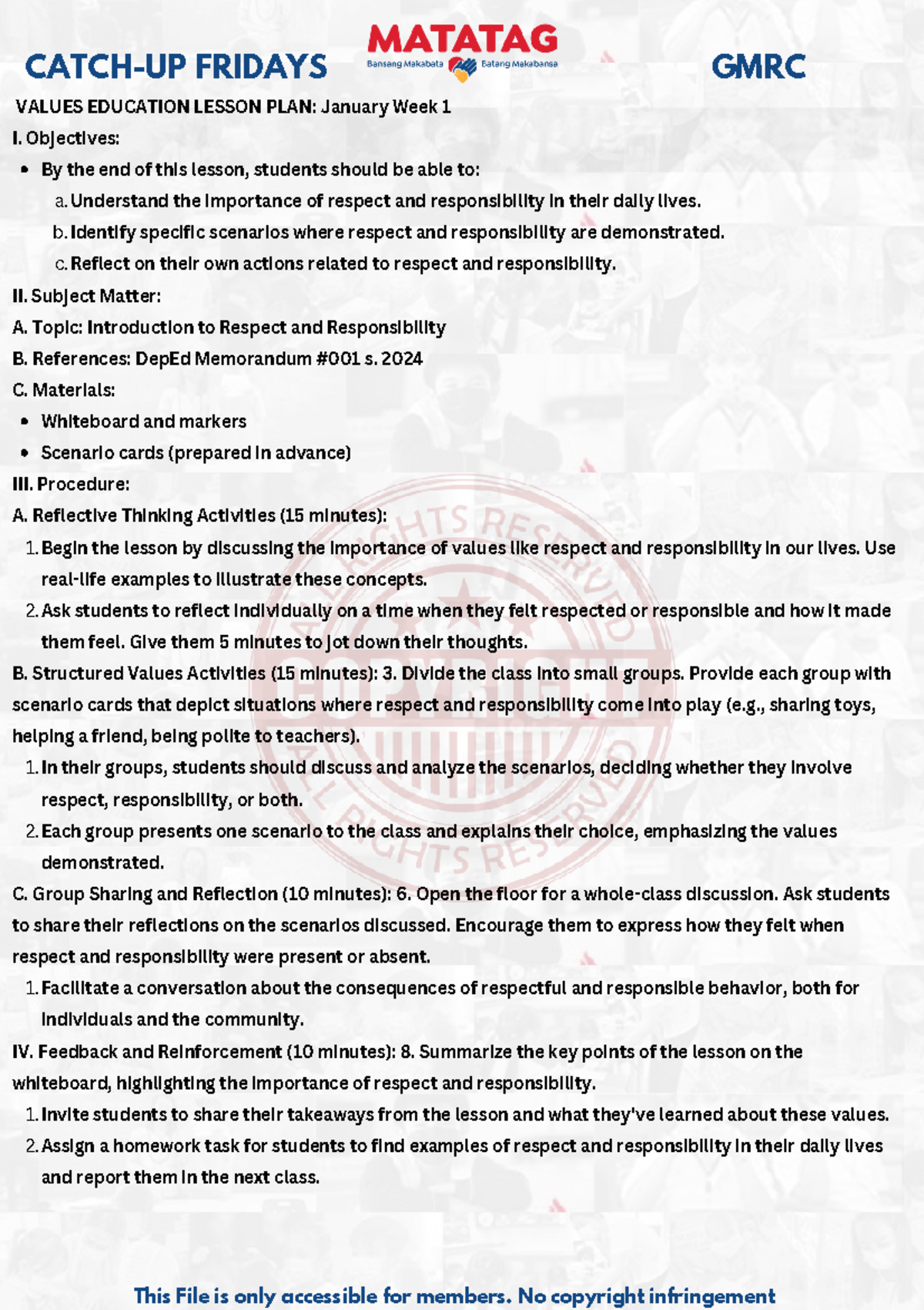 GMRC & Values Education Grade 7: Lesson Plans for January to March ...