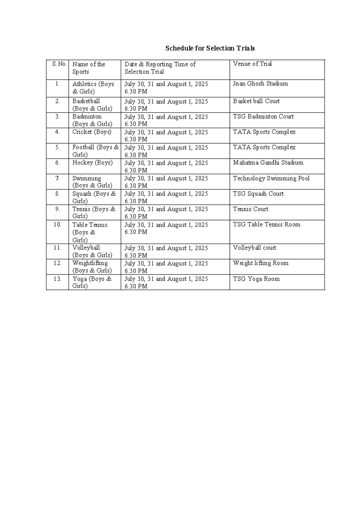 Selection Trials Schedule for Sports Events - July/Aug 2025 - Studocu