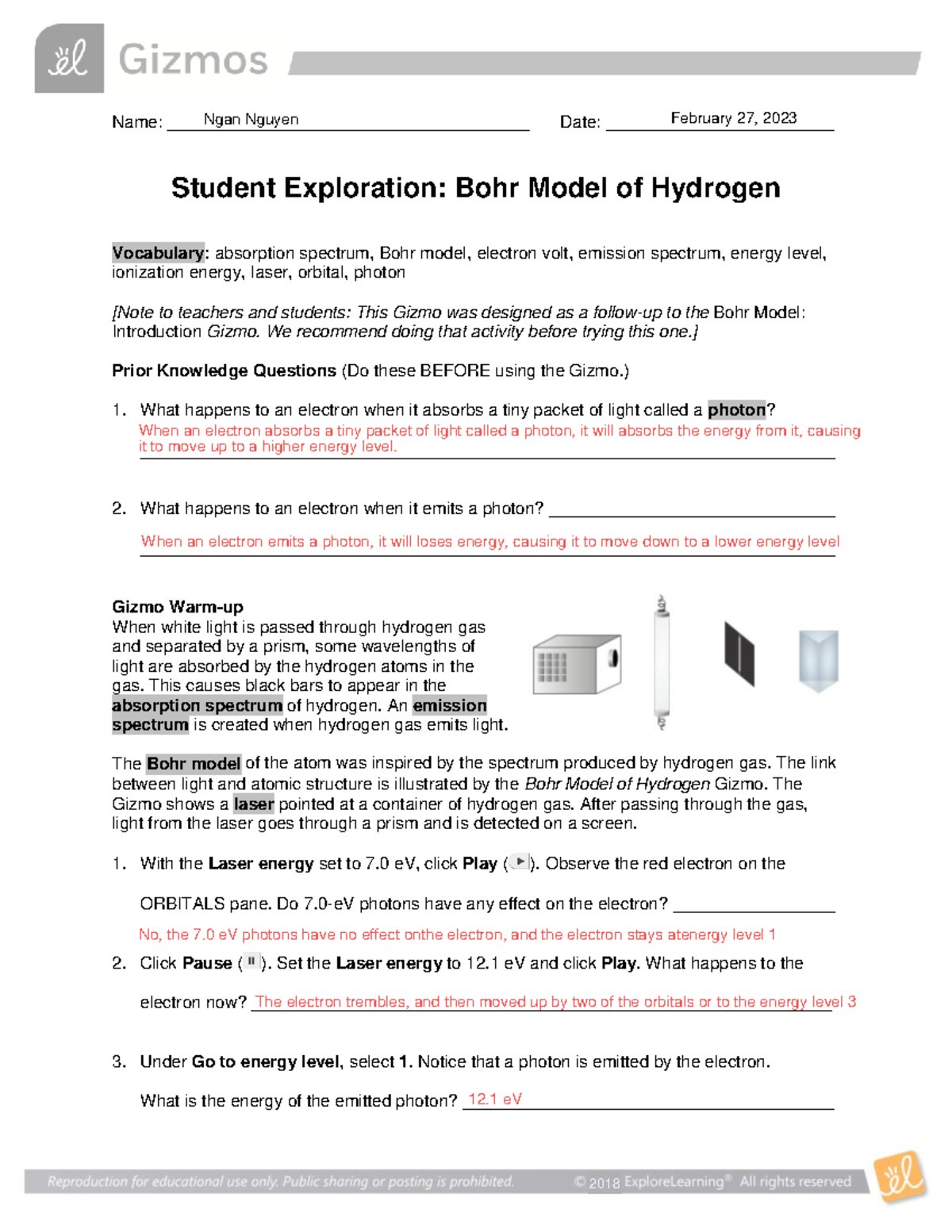 1. Worksheet Bohr Model of Hydrogen ( Completed) - Name
