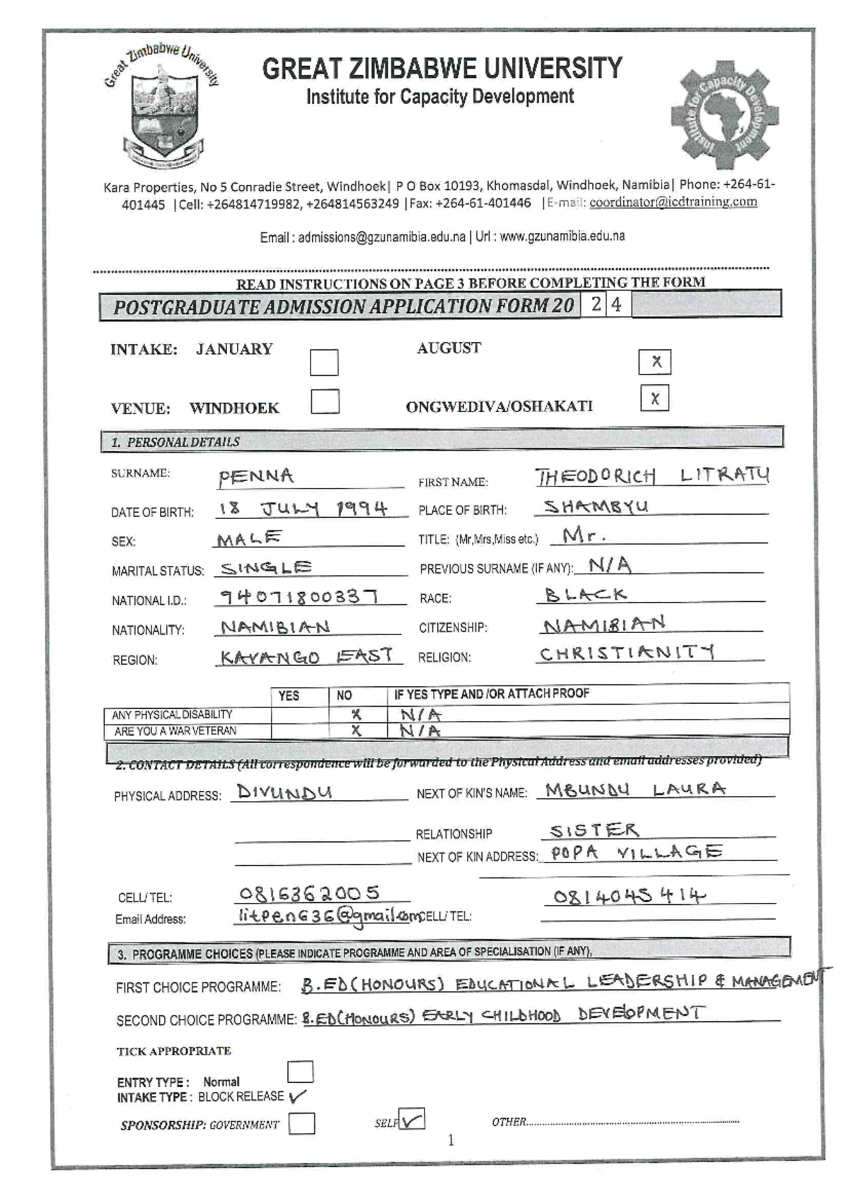 Postgraduate Admission Application Form 2024 - Great Zimbabwe ...