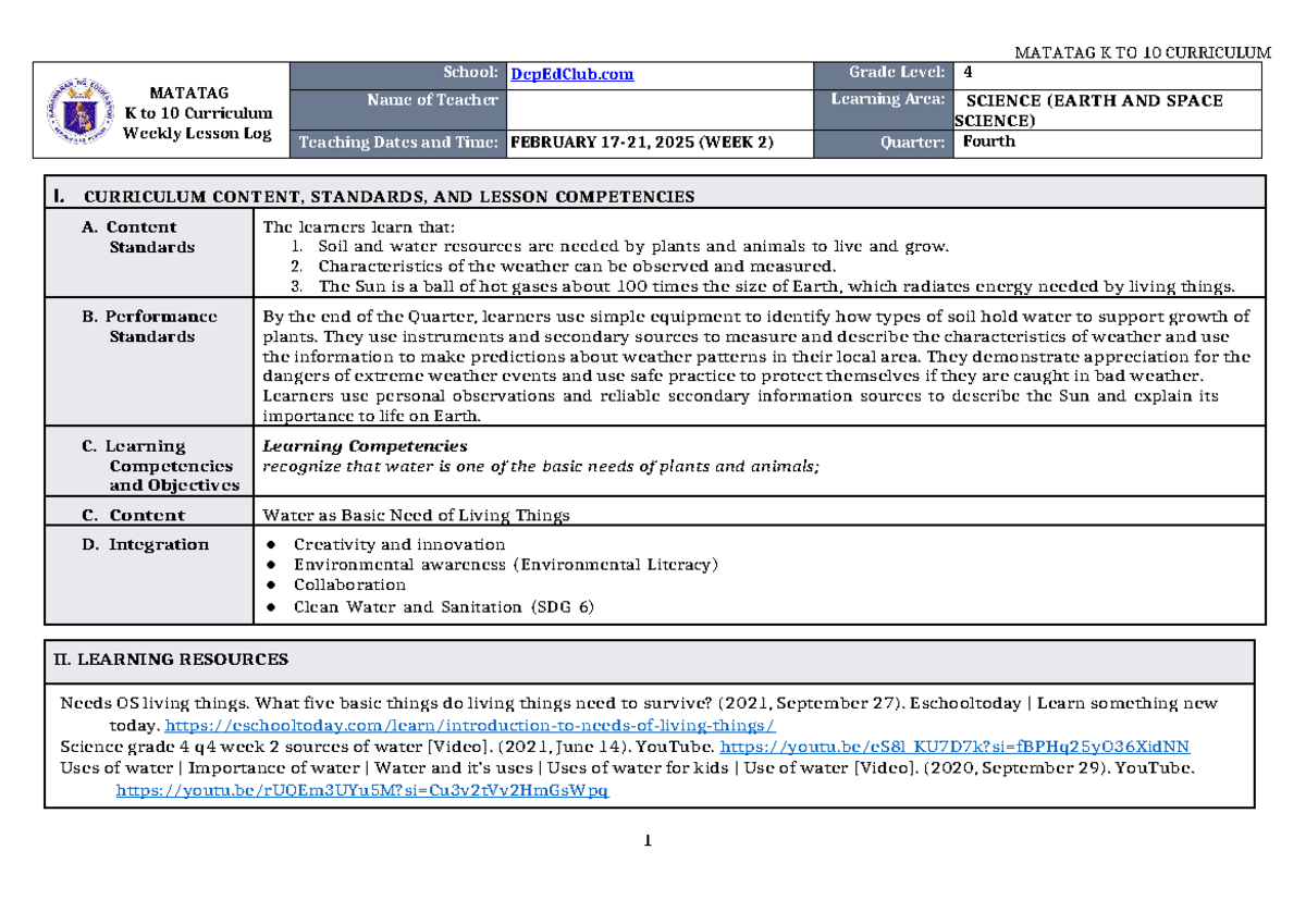 DLL Science-4-Q4-W2 - Guide for lesson - MATATAG K to 10 Curriculum Weekly Lesson Log School ...