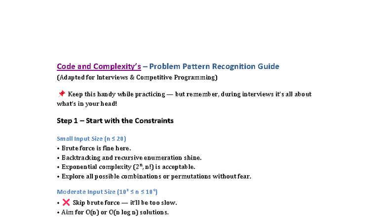 Code and Complexity Pattern Recognition Guide for Interviews - Studocu