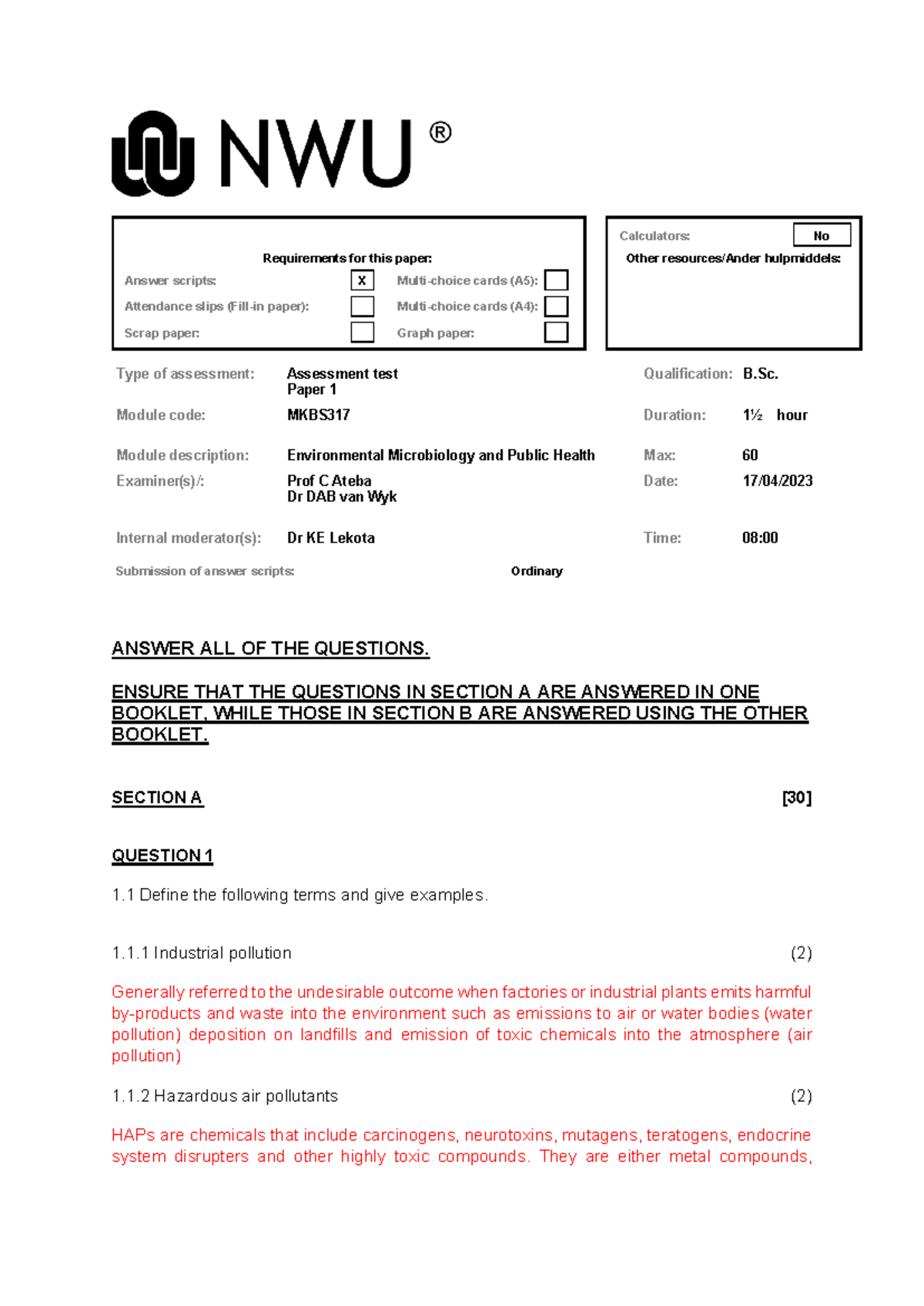 B.Sc. MKBS317 Semester Test Memo: Environmental Microbiology - Studocu