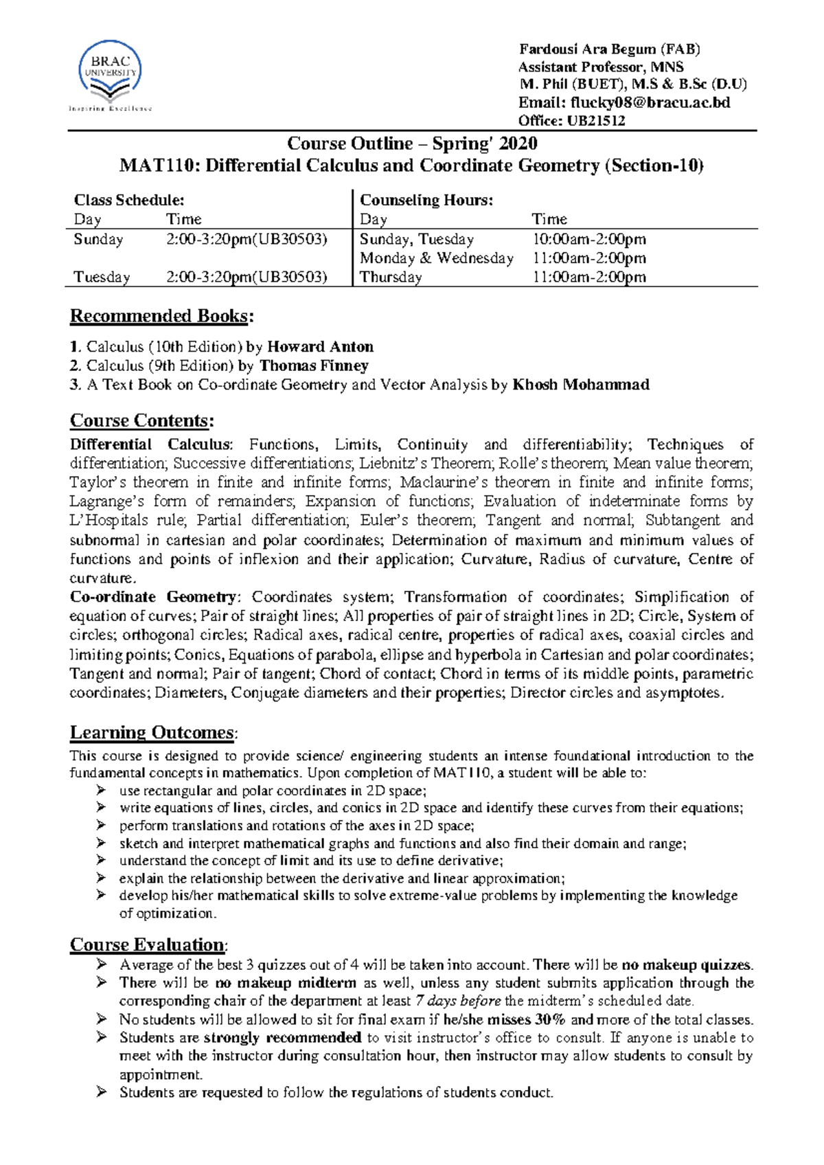 MAT110: Course Outline for Differential Calculus & Geometry - Studocu