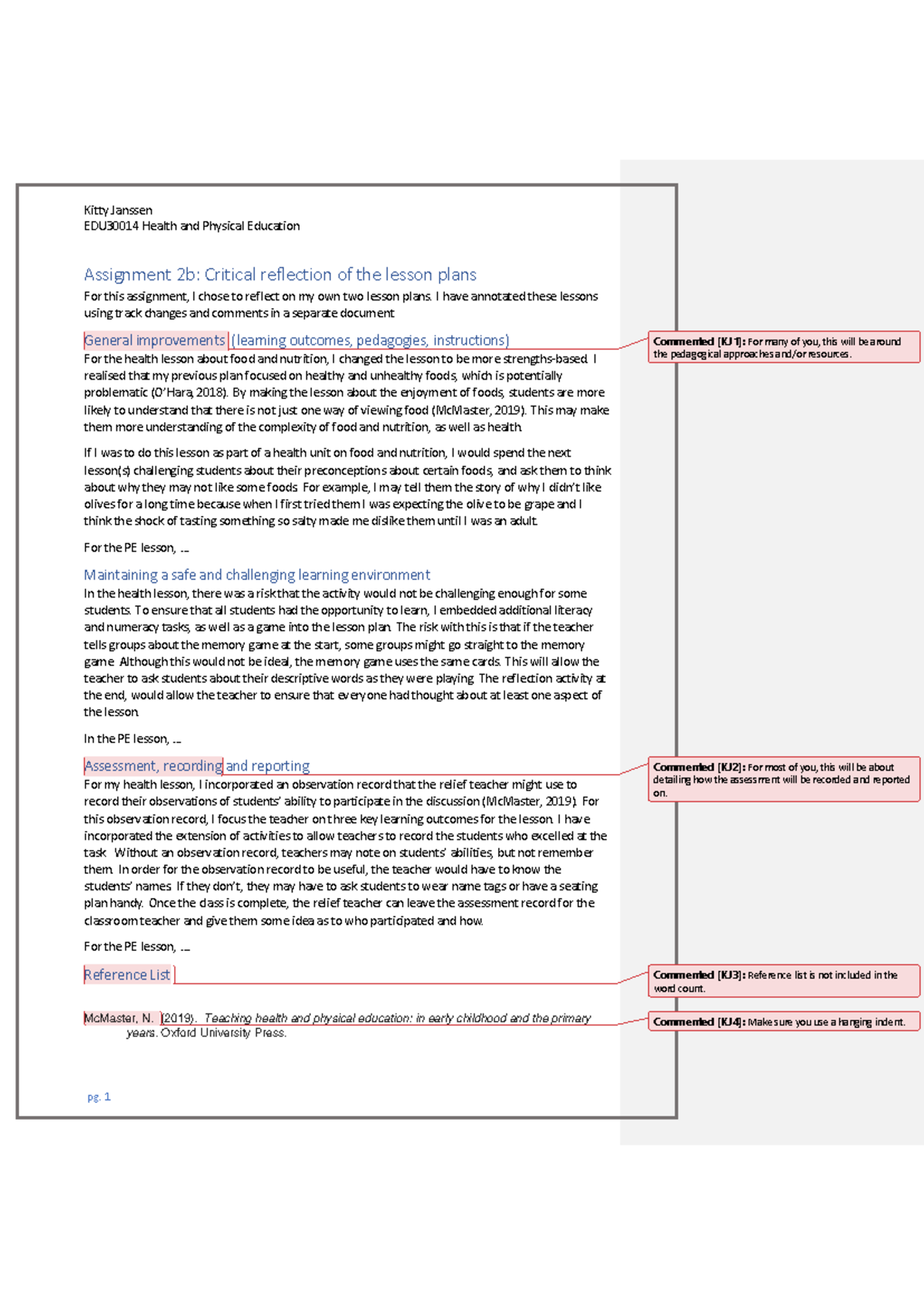 EDU30014 Health & PE Assignment 2b: Critical Reflection on Lesson Plans ...