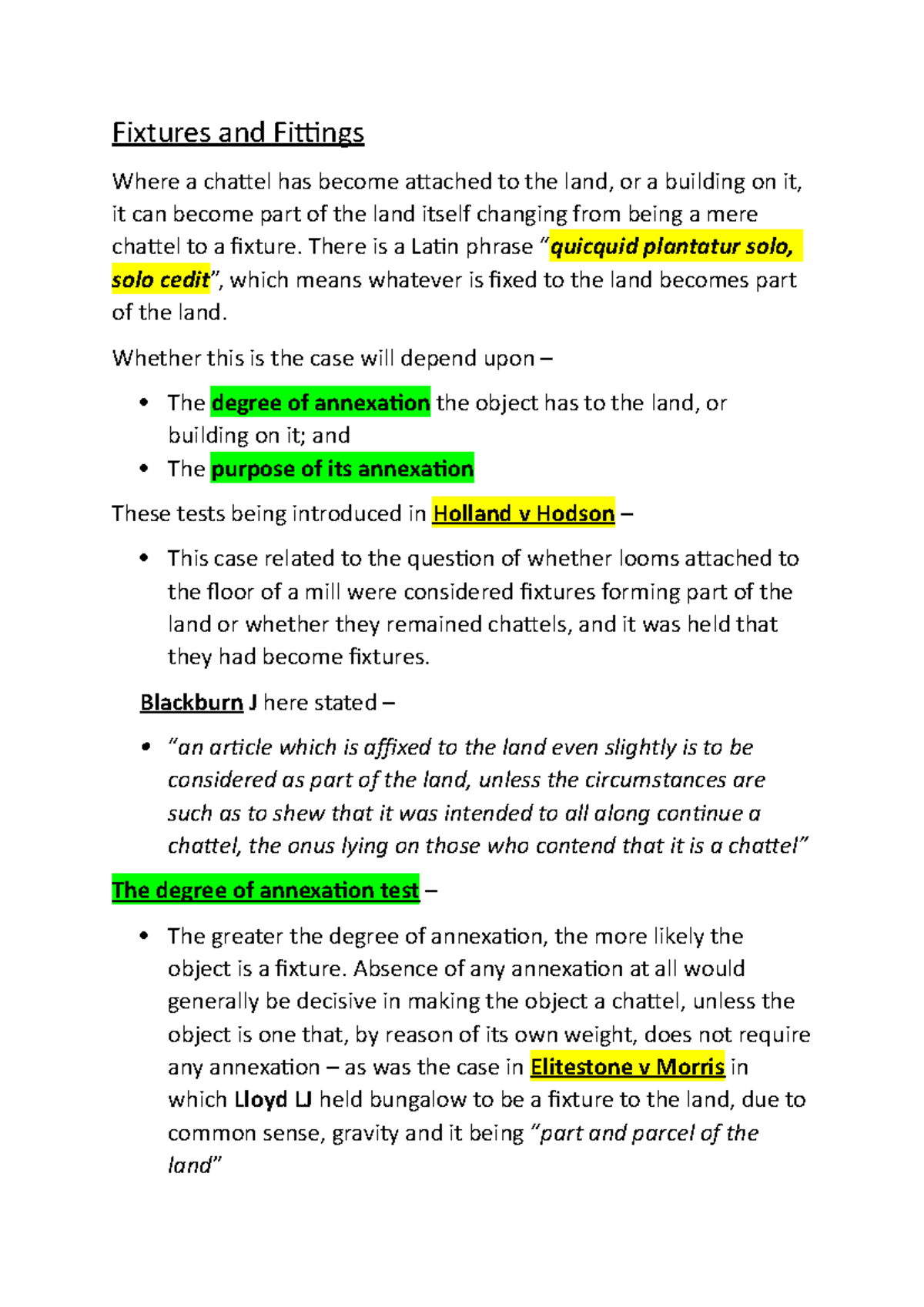 Land Law - Analysis of Fixtures & Fittings in Property Cases - Studocu