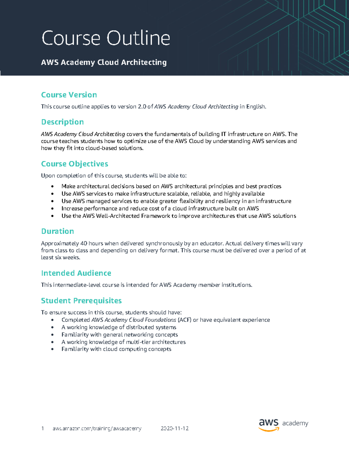 Aws academy cloud architecting version 2 0 course outline english - Course Outline AWS Academy ...