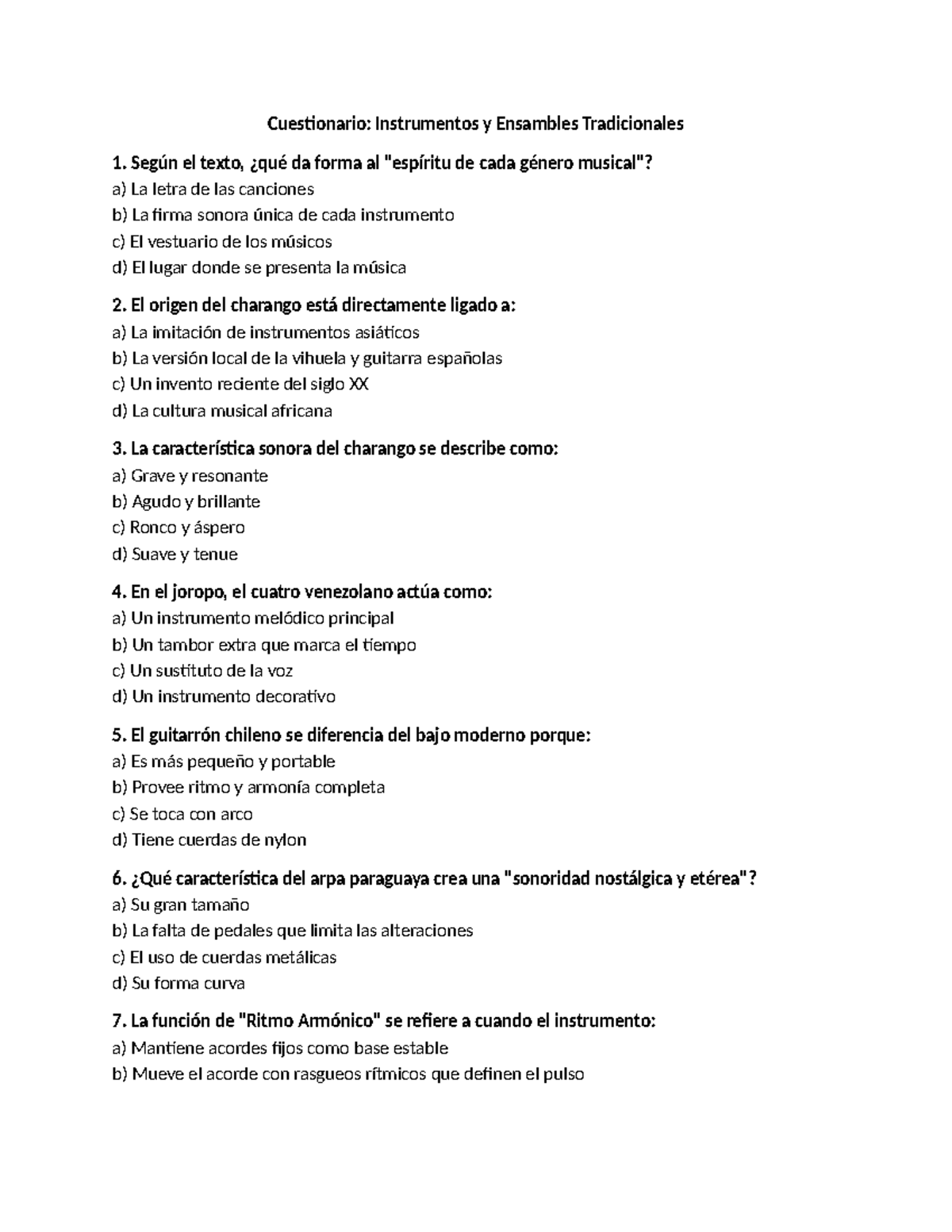 Cuestionario 2: Instrumentos y Ensambles Tradicionales en Música del ...