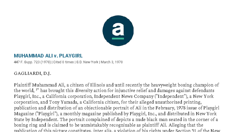 Muhammad Ali v. Playgirl: Preliminary Injunction Case Analysis (1978 ...