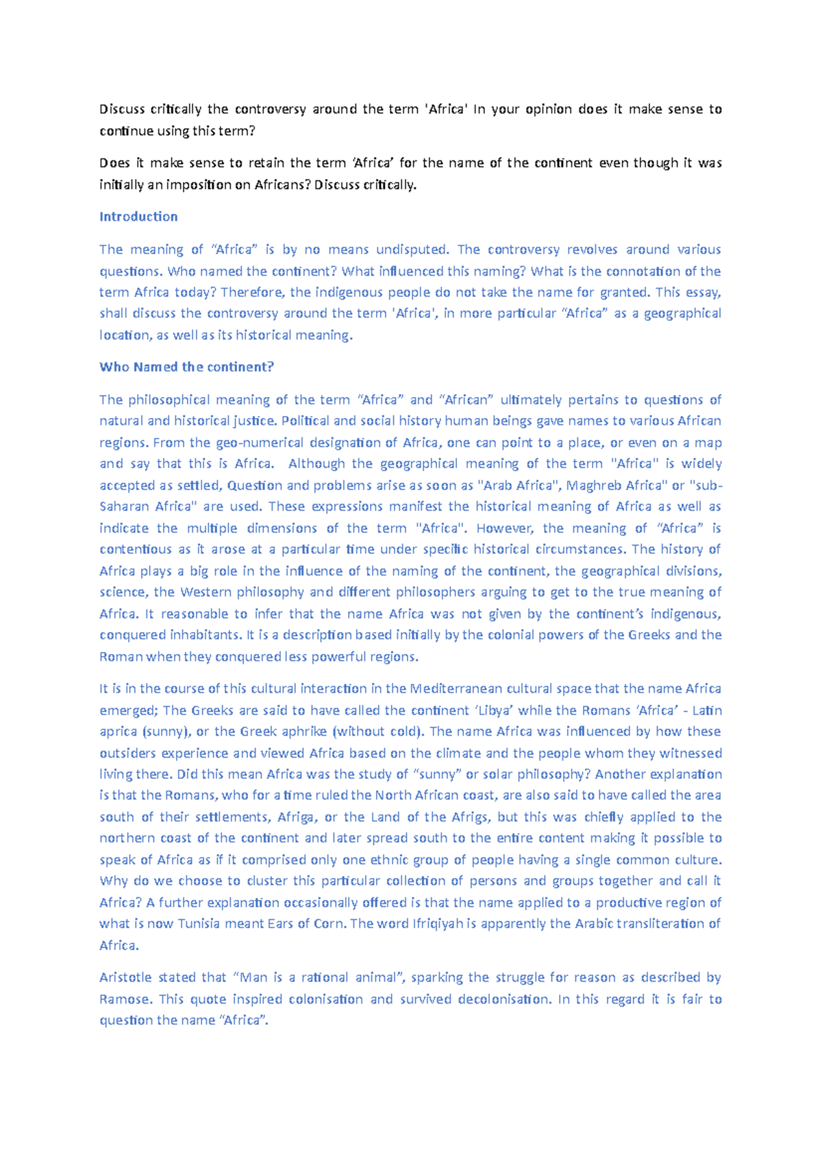 Unit 1 - Essay - Controversy Arround the term Africa - Discuss ...