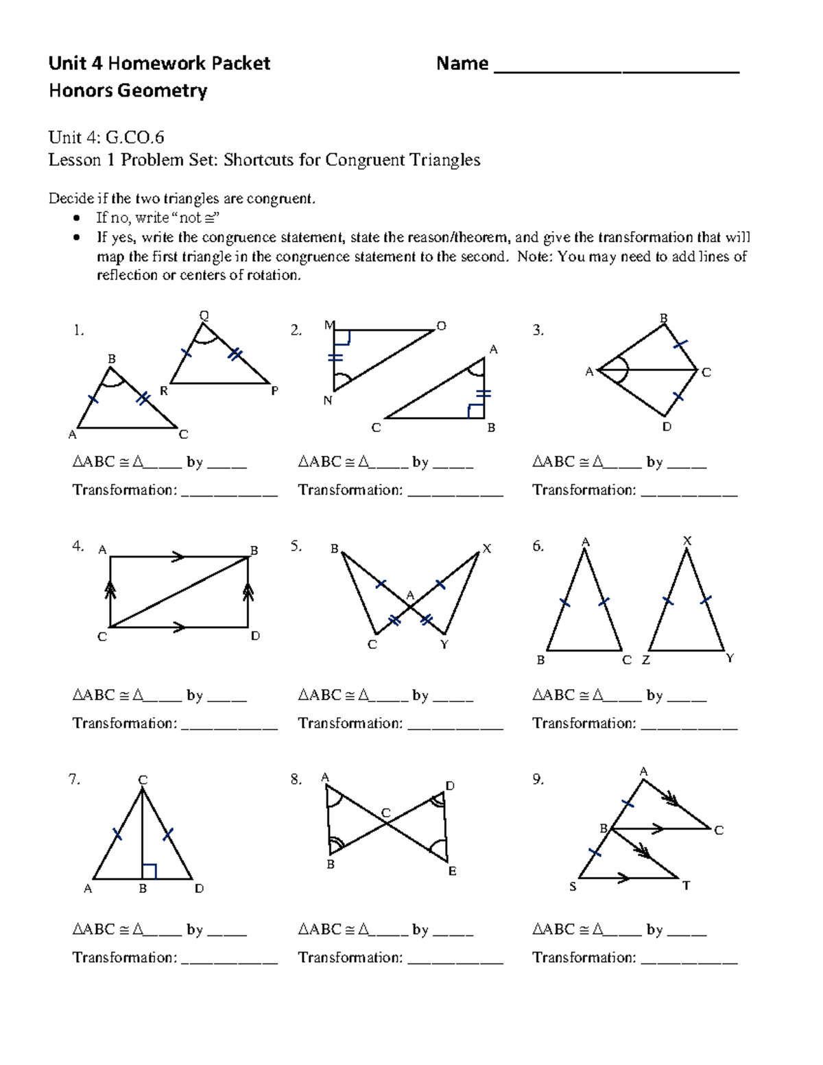 Unit 4: Honors Geometry Homework Packet G.CO.7 & 8 for Congruent ...