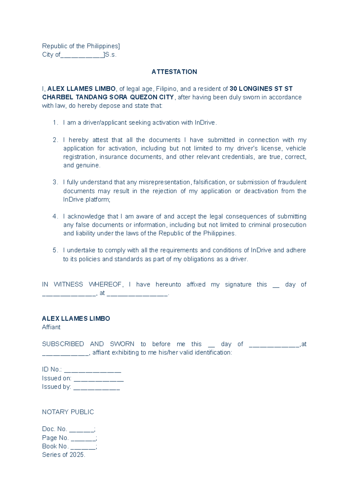 Attestation Form for InDrive Activation by Alex Llames Limbo - Studocu