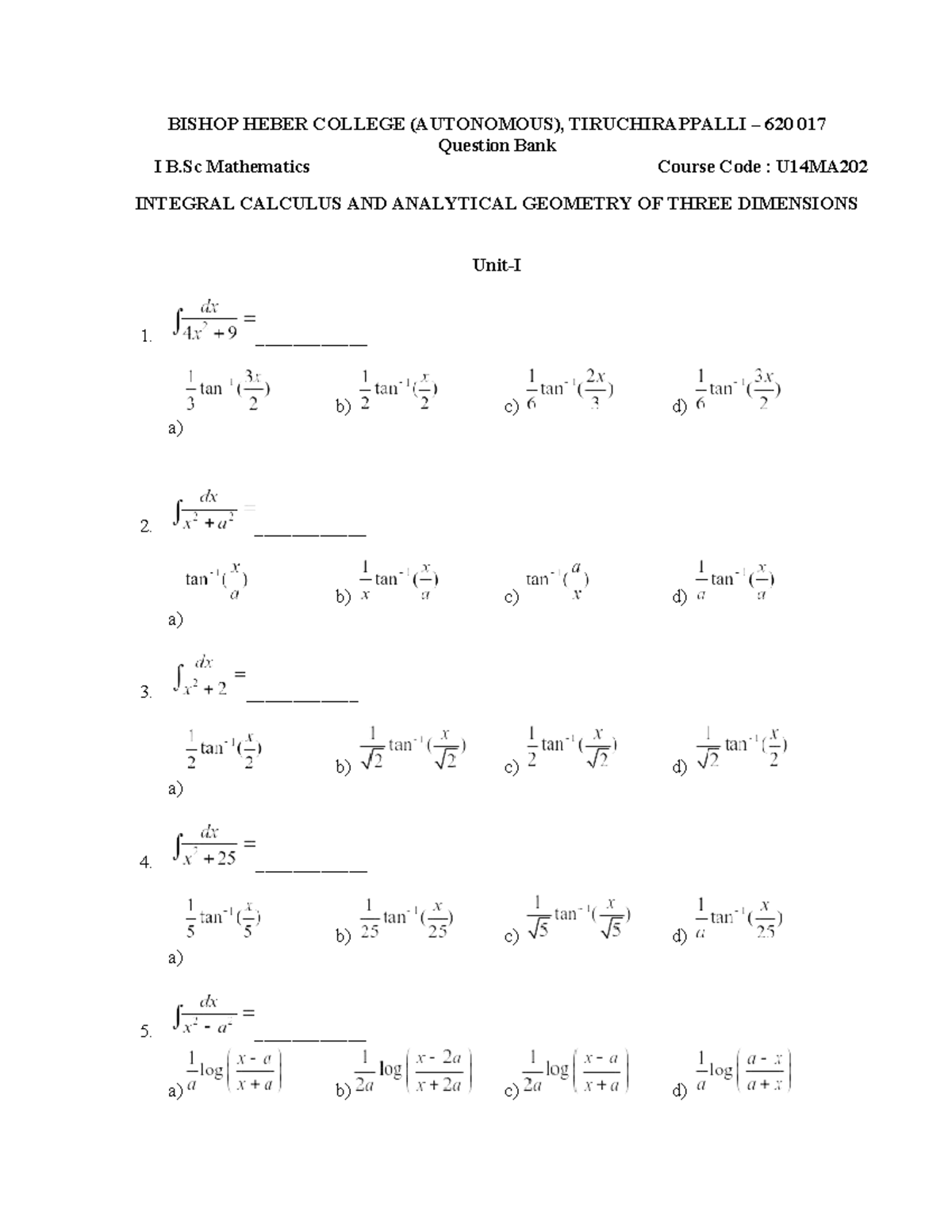 U14MA202 Question Bank: Integral Calculus & Analytical Geometry - Studocu