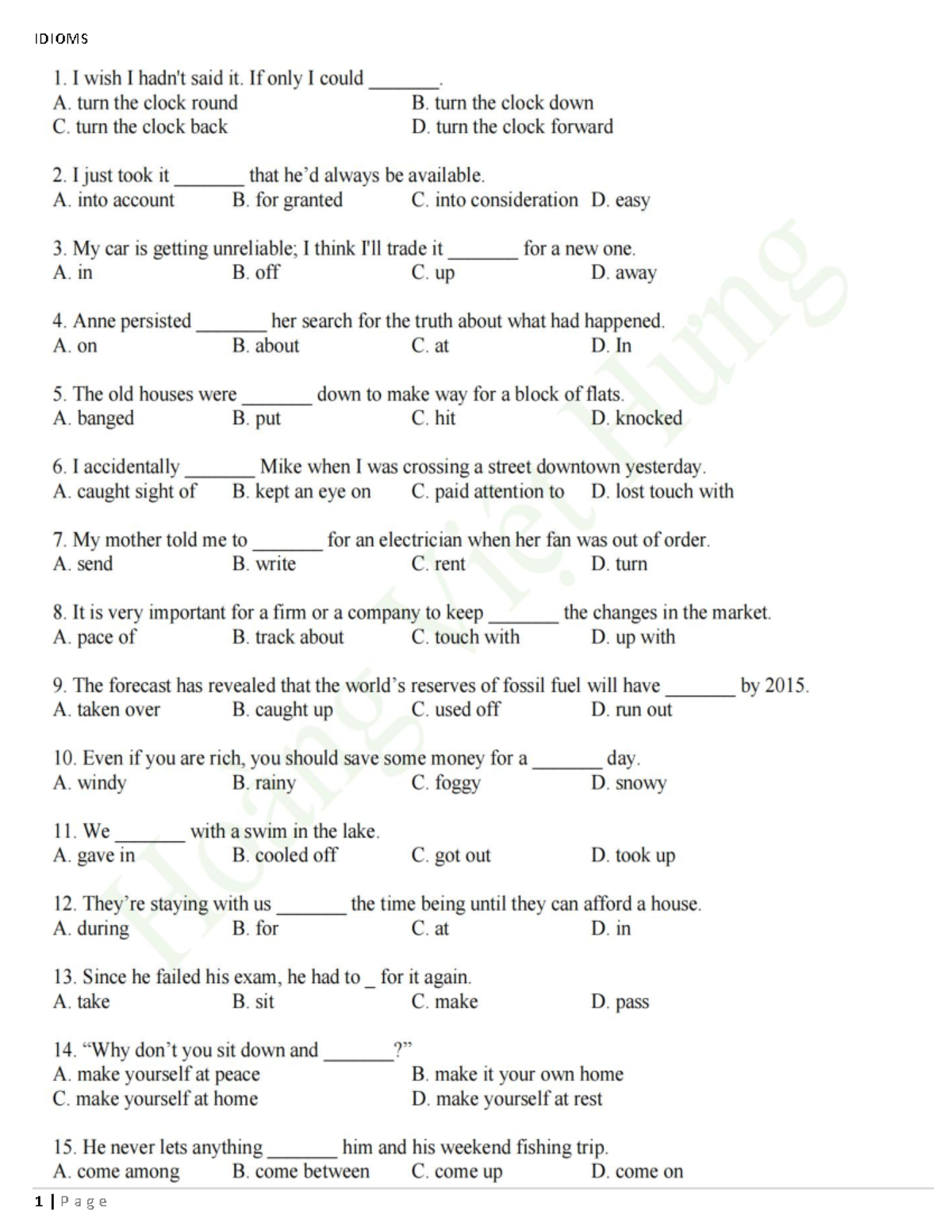 Test - English Practice: Idioms and Phrasal Verbs - Studocu