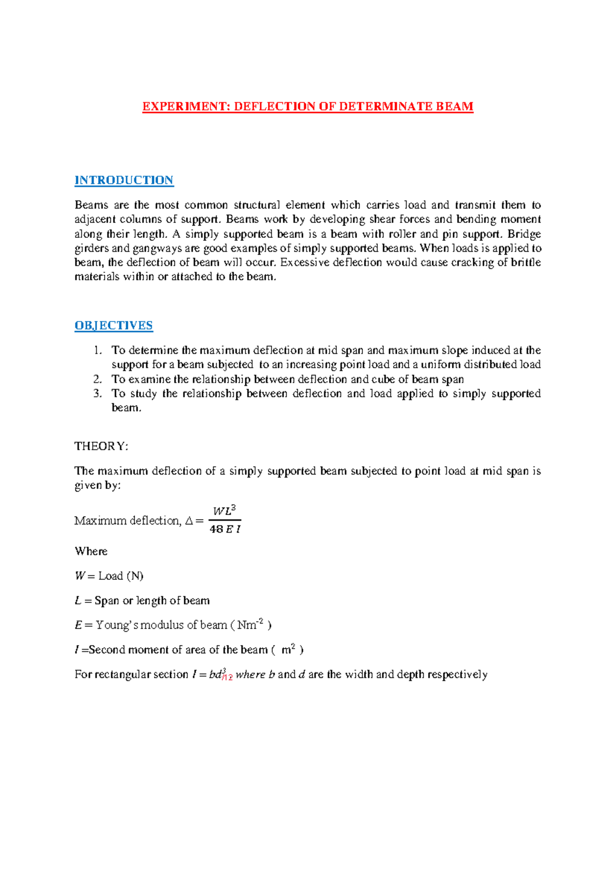 Deflection of simply supported beam - EXPERIMENT: DEFLECTION OF ...