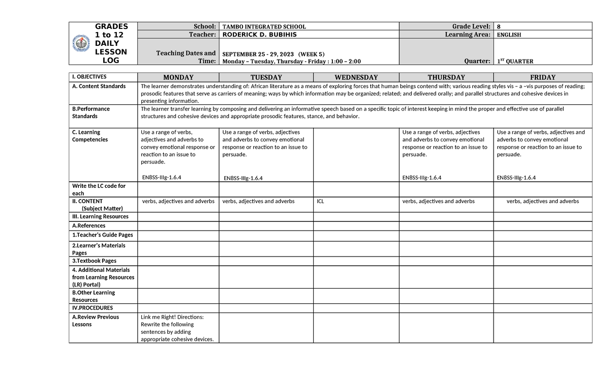 English 8 - DETAILED LESSON LOG - GRADES 1 to 12 DAILY LESSON LOG ...