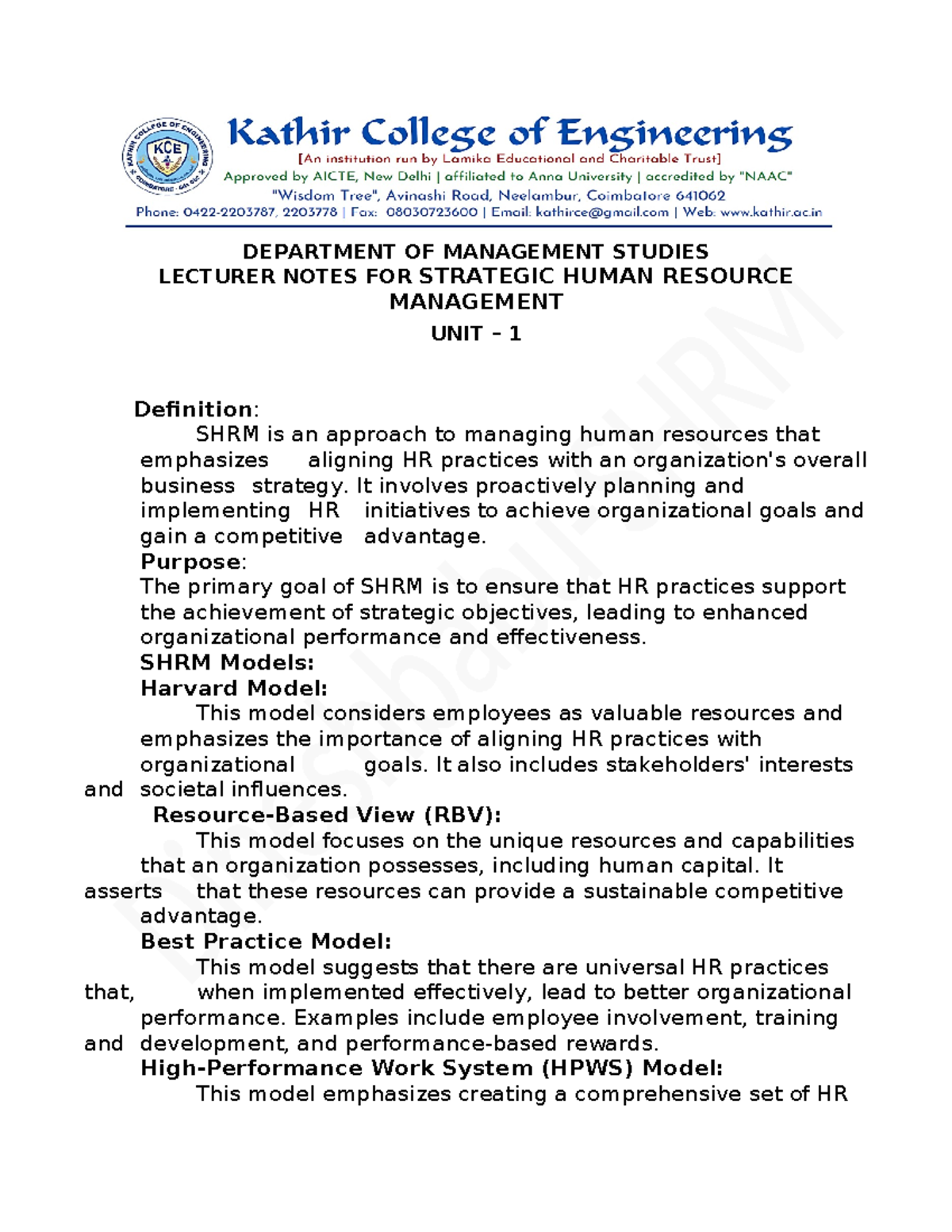 Strategic Human Resource Management - Lecture Notes for MBA 2023 - Studocu