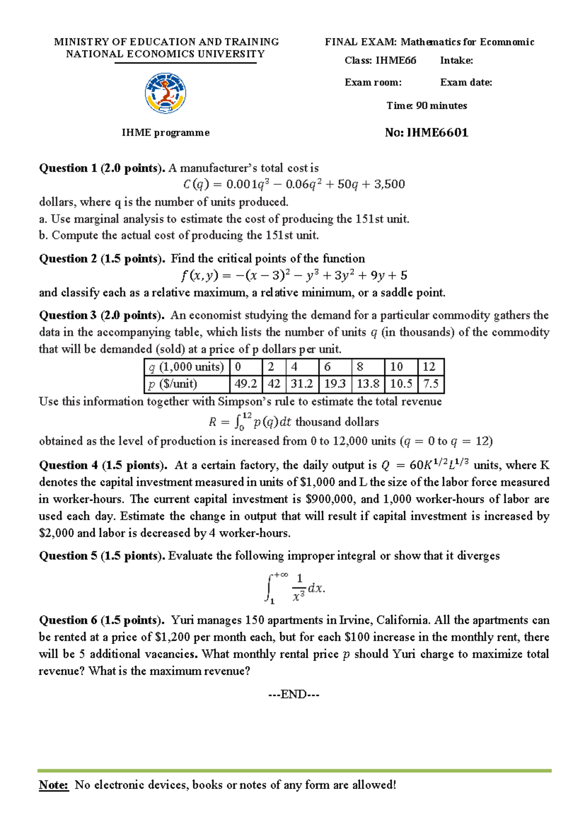 IHME66 Final Exam: Mathematics for Economics - Comprehensive Questions ...