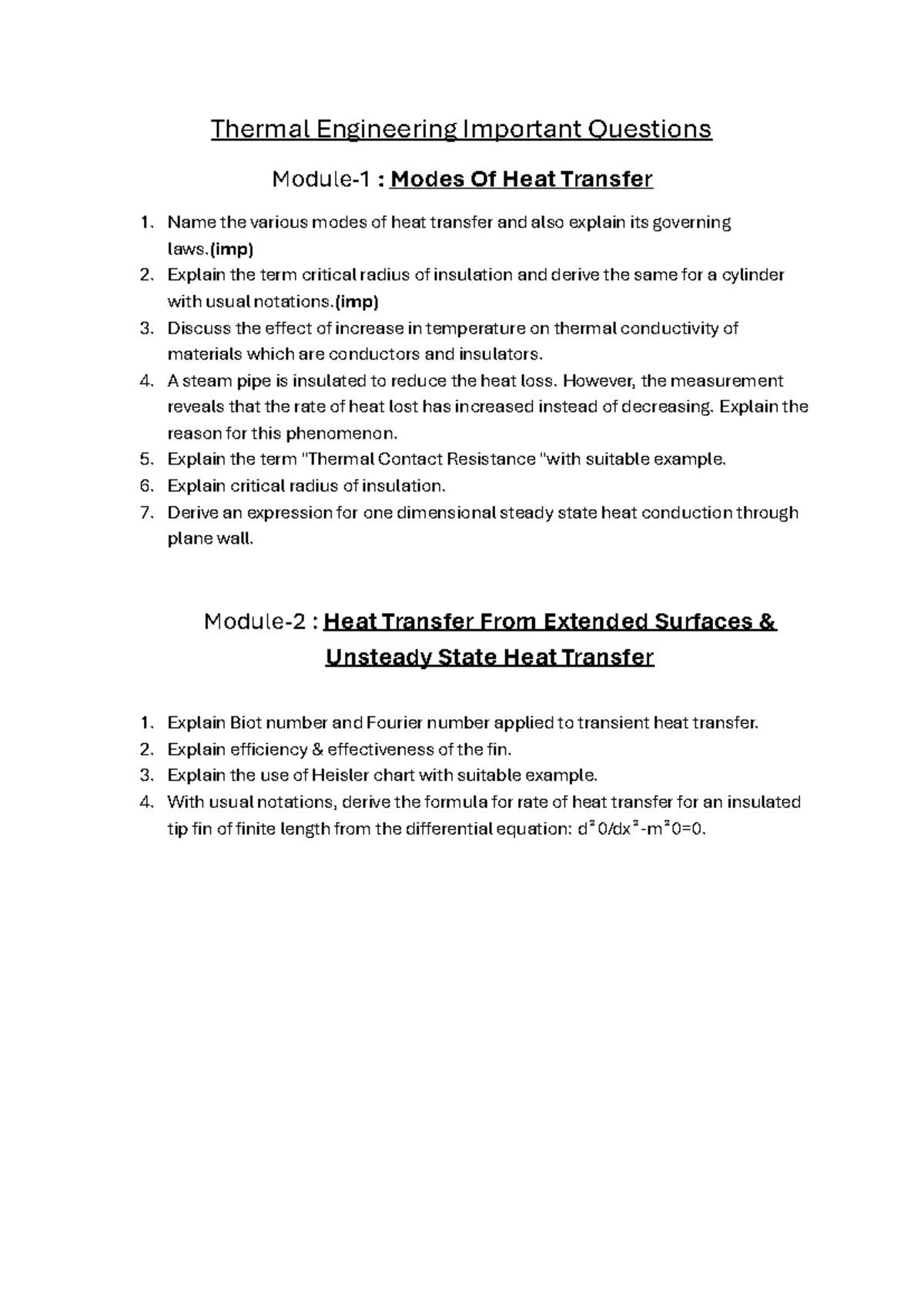 Thermal Engineering (TE101) Important Questions: Heat Transfer Concepts ...