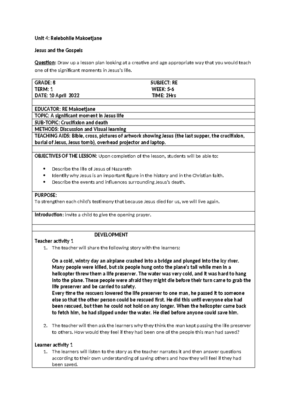 Lesson Plan: Teaching Jesus’s Crucifixion for GRADE 8 RE (Term 1) - Studocu