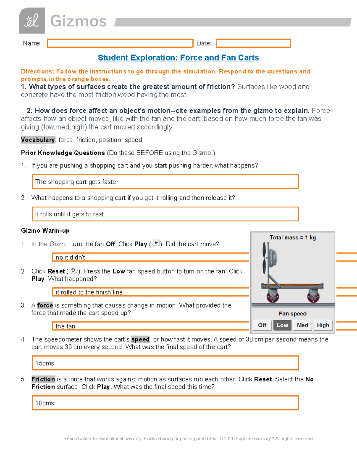 Force Fan Carts SE gizmo - Name: Date: Student Exploration: Force and ...