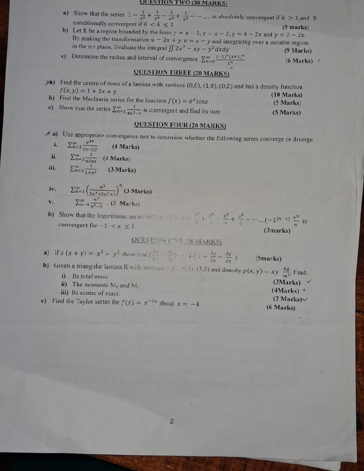 Calc3 Exam Paper: Convergence, Series, and Mass Calculations - Studocu