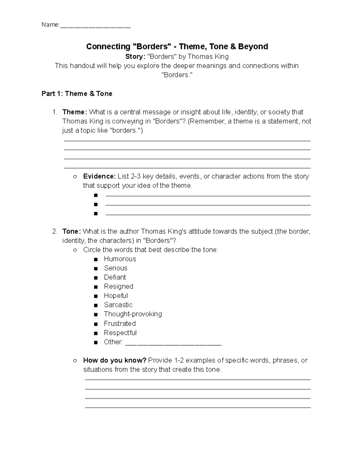 ENG 201: Connecting "Borders" - Theme, Tone & Deeper Meanings - Studocu