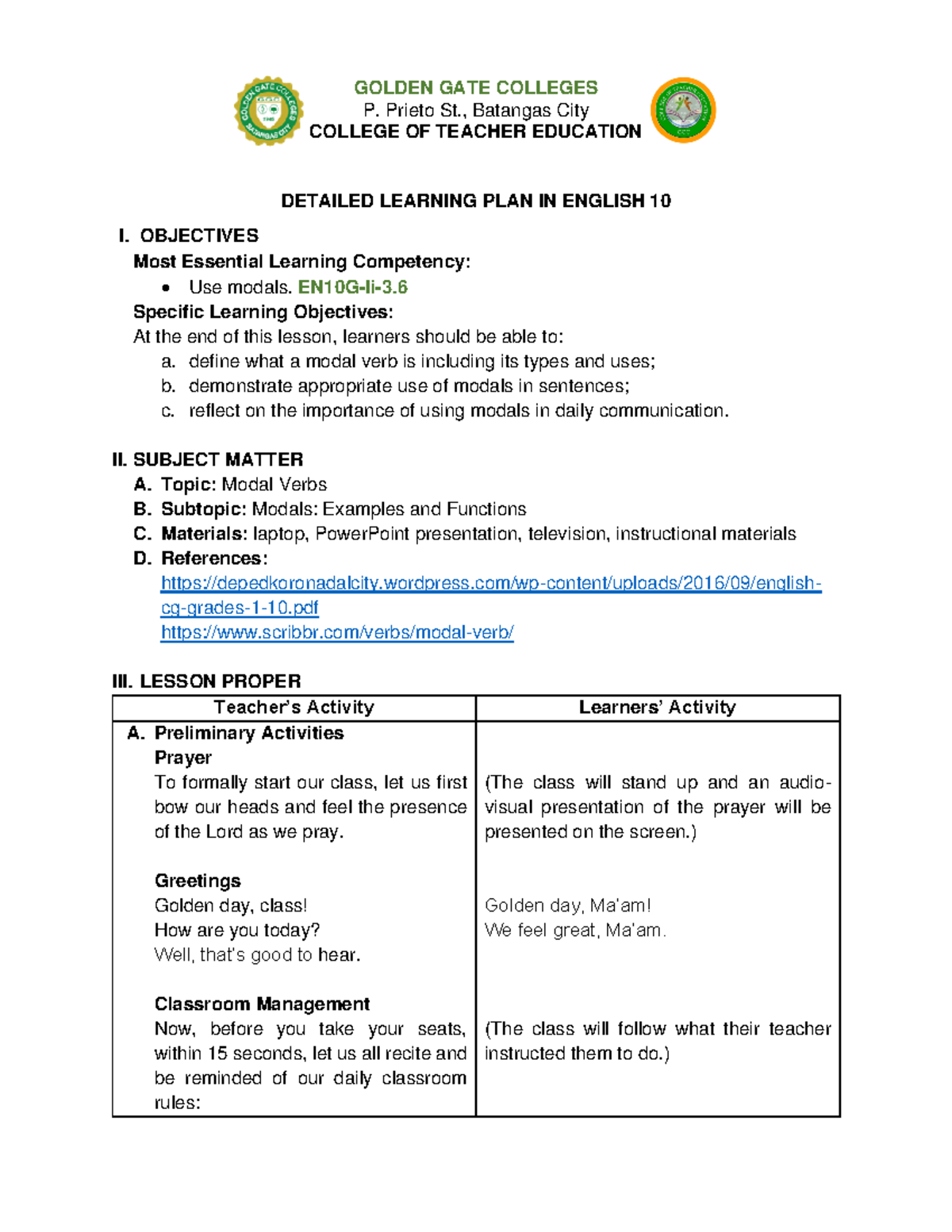 Detailed Learning Plan on Modals for Grade 10 (EN10G-Ii-3) - Studocu