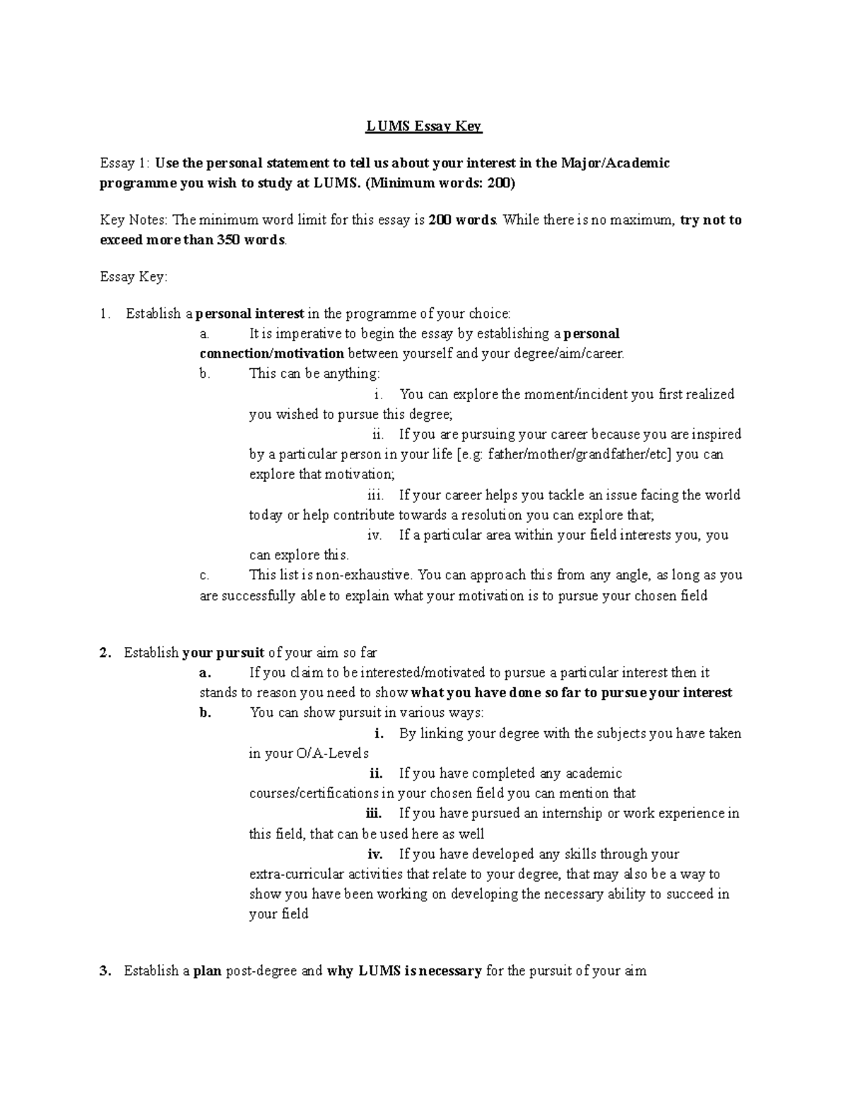 LUMS Essay Key: Personal Statement Guidance for Lahore Alma - Studocu