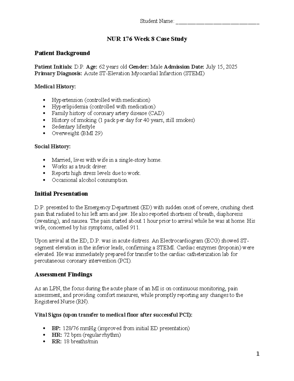 NUR 176 Week 8 Case Study: Acute Myocardial Infarction (D.P.) - Studocu