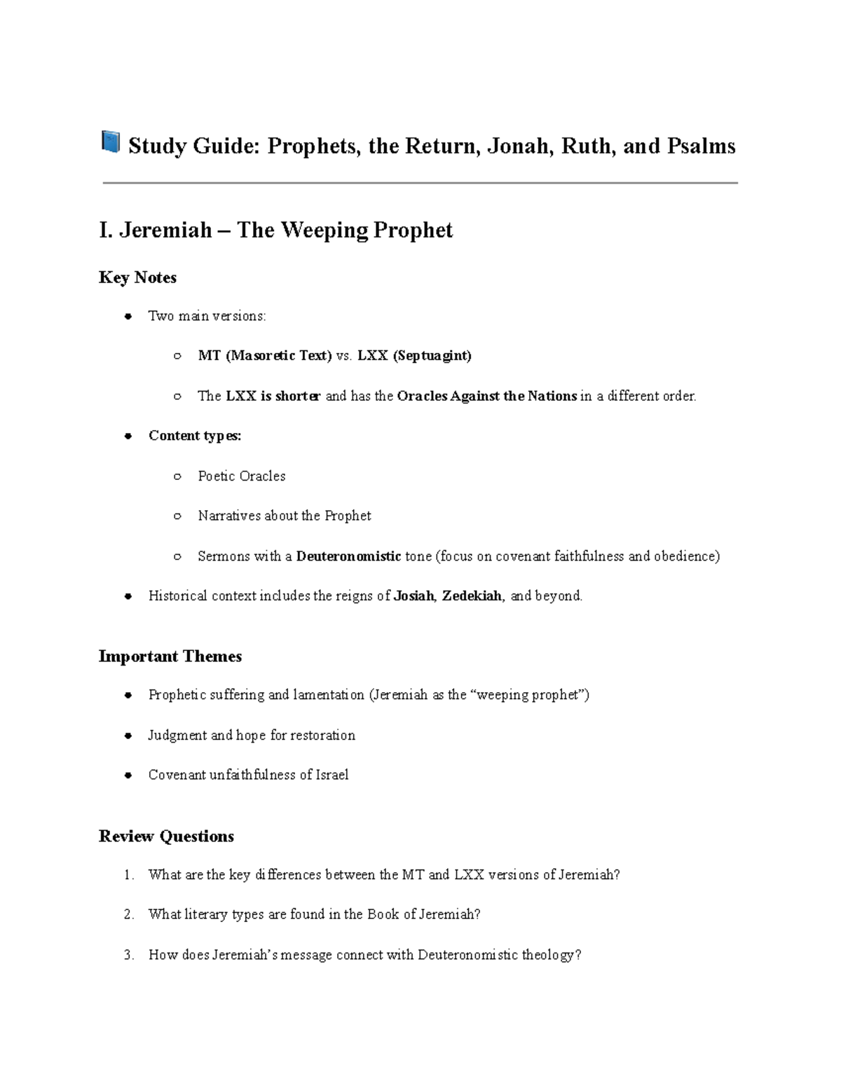 Study Guide: Prophets, Jonah, Ruth, and Psalms (Course Code) - Studocu