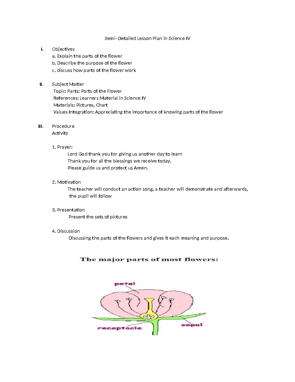 Lesson Plan: Parts of the Flower - Science IV - Studocu