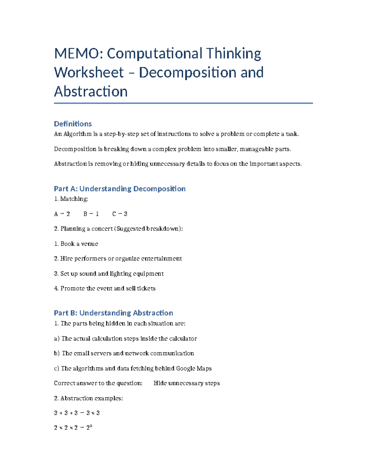MEMO: Comp Thinking Worksheet on Decomposition & Abstraction - Studocu