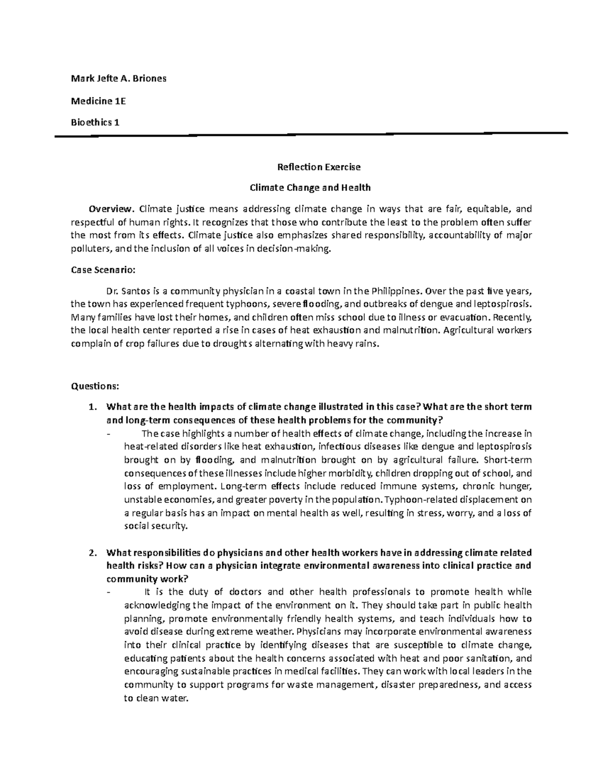 Medicine 1E Bioethics 1: Reflection on Climate Change & Health - Studocu